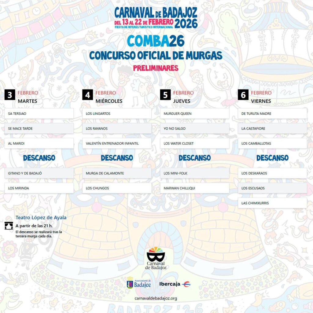 Orden de actuación en el Concurso Oficial de Murgas COMBA 2026 ...
